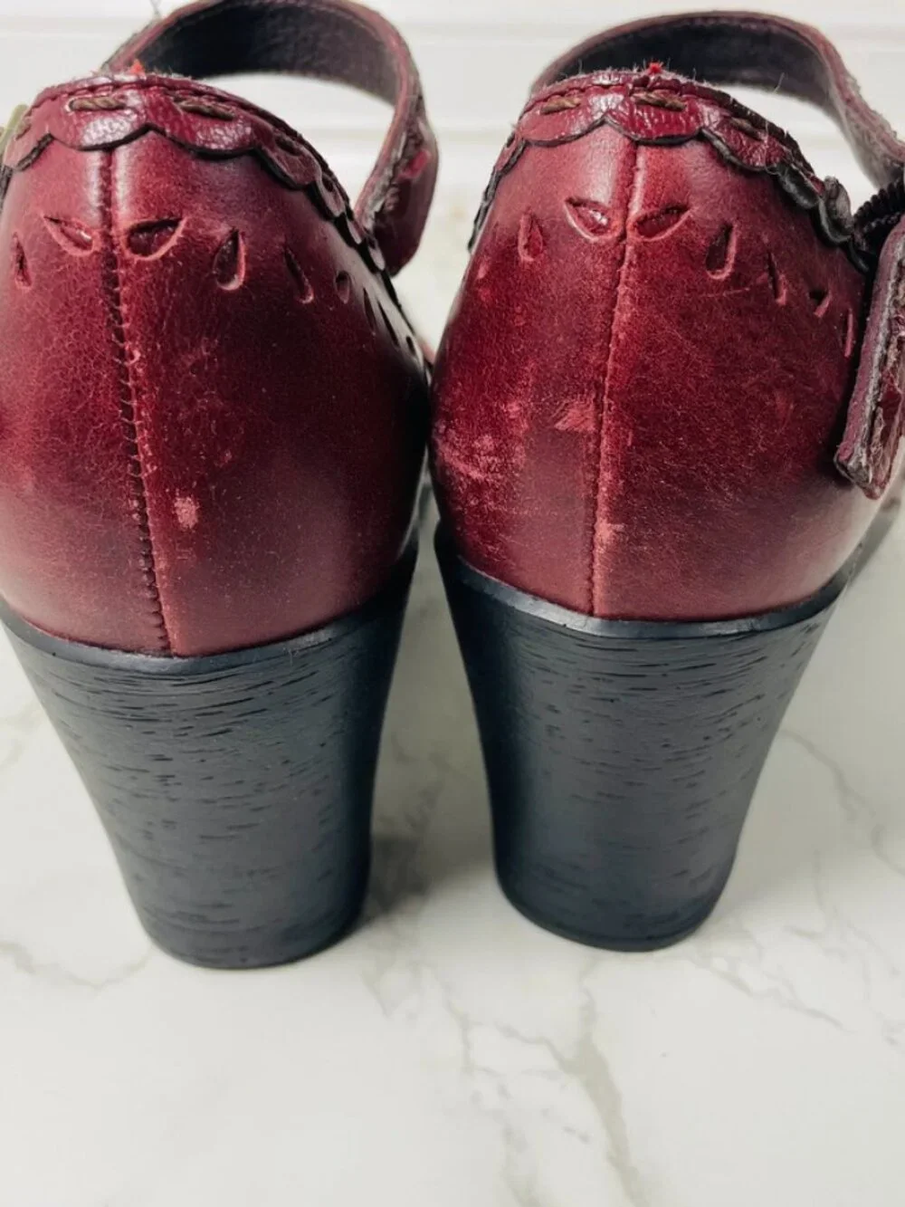 Clarks | Shoes | Indigo Clarks Burgundy Red Leather Scallop Edge Mary ...